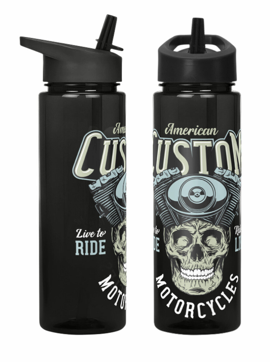 Бутылка черная для воды с принтом Череп с двигателем. Скелет, байкер, мотоцикл