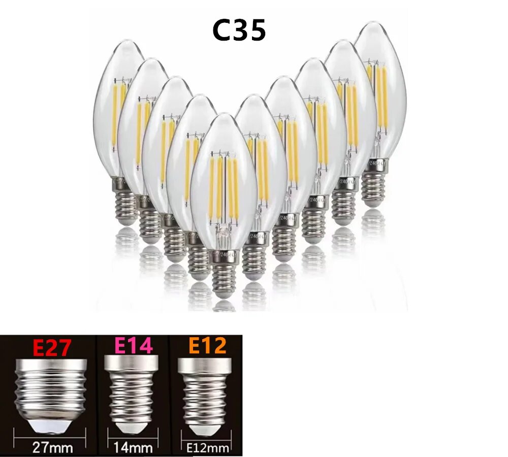 10 шт. светодиодная лампа C35 E14 E12 E27 220 В 110 В с регулируемой яркостью 2 Вт 4 Вт 6 Вт дизайн энергосберегающая свеча теплый белый свет накаливания 360 градусов лампа