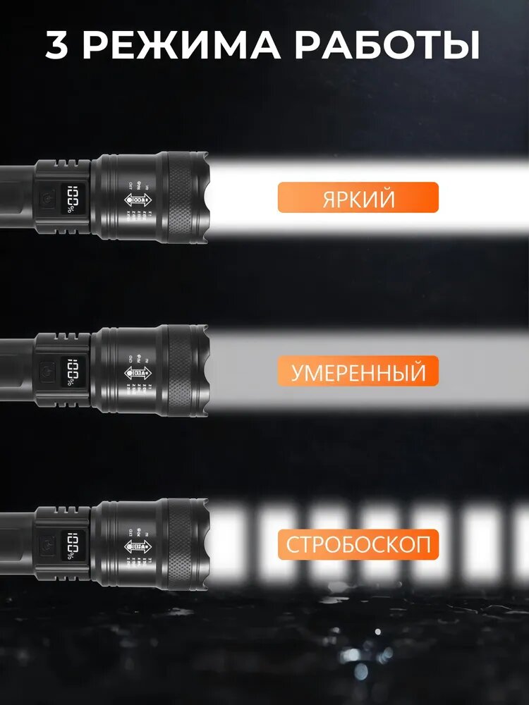 Фонарь ручной светодиодный аккумуляторный, дальность 450м, 3 режима, влагозащита, черный — фото 1