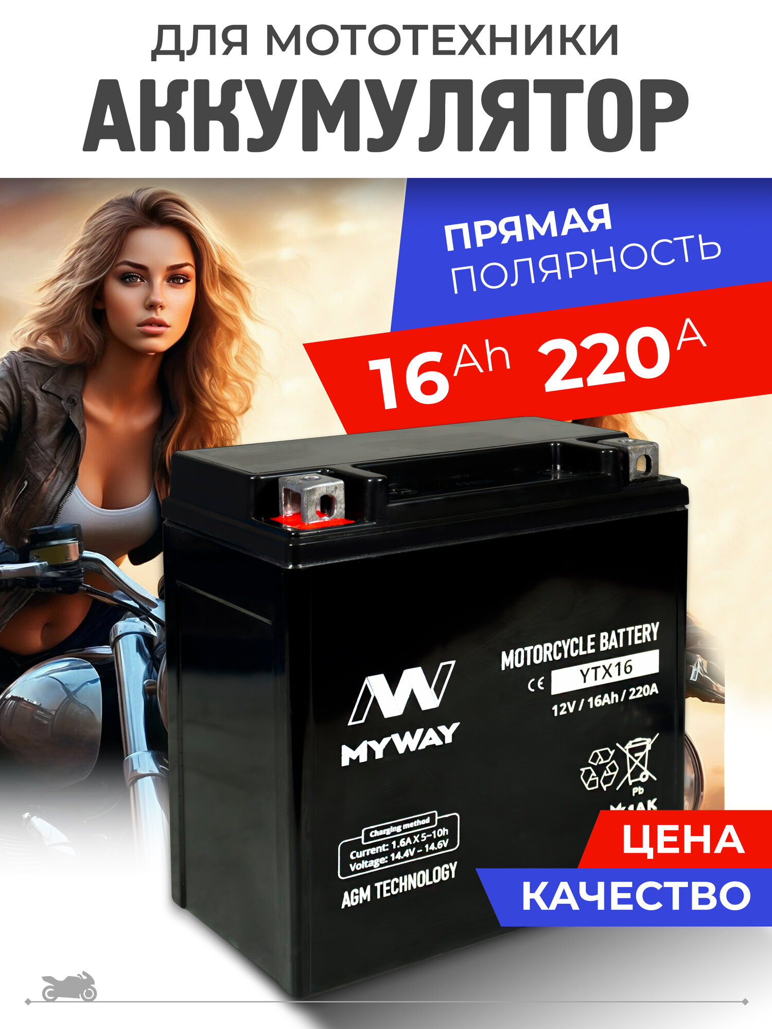 Акб на мотоцикл 12в 16ач, трицикл, квадроцикл, питбайк AGM