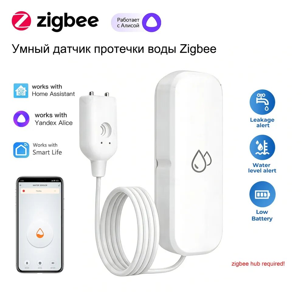 Умный датчик протечки воды Zigbee с Алисой, Настенный монтаж, Home Assistant, Zigbee2mqtt