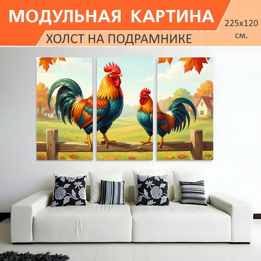 Модульная картина на холсте "Петухи на осеннем заборе. Яркая сельская сцена с двумя расписными петухами у деревянной изгороди, вокруг." триптих на подрамнике 225х120 см. для интерьера