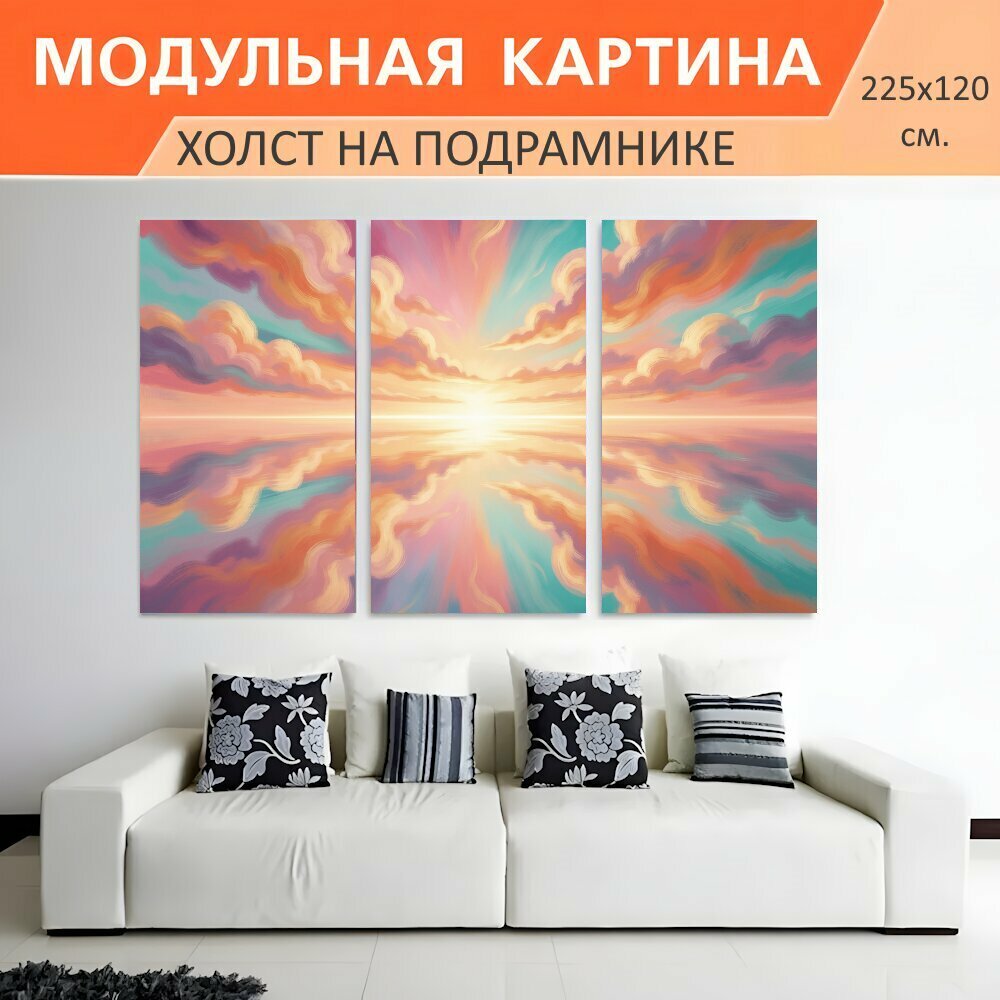 Модульная картина на холсте "Небесный рассвет над зеркальной гладью. Фантазийное небо с сияющим солнцем у горизонта, мягкими." триптих на подрамнике 225х120 см. для интерьера