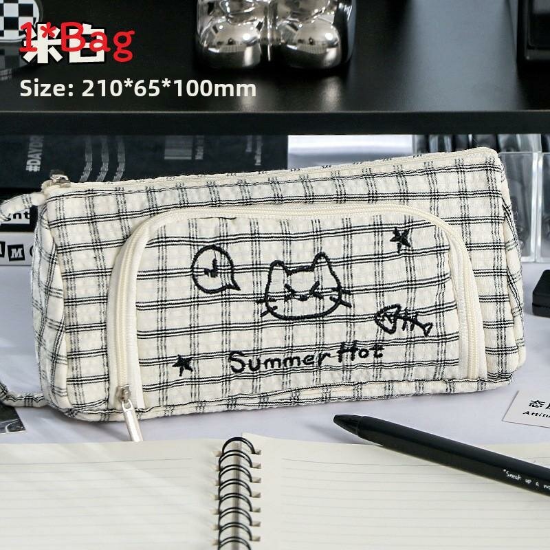 Pen holder cat lattice pattern with spacious design for students and teens ivory