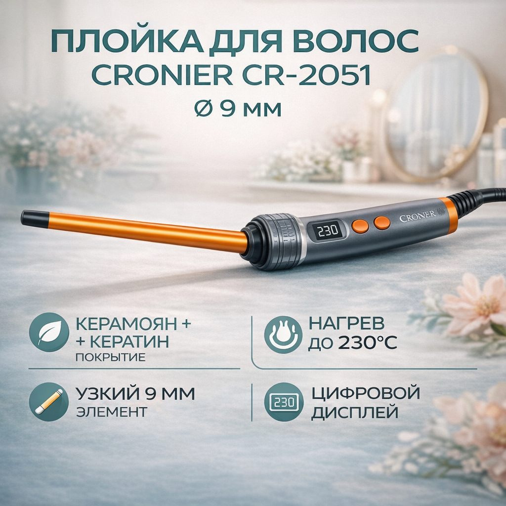 Плойка для волос CRONIER CR-2051 9 мм керамика с кератином ProgTech профессиональная