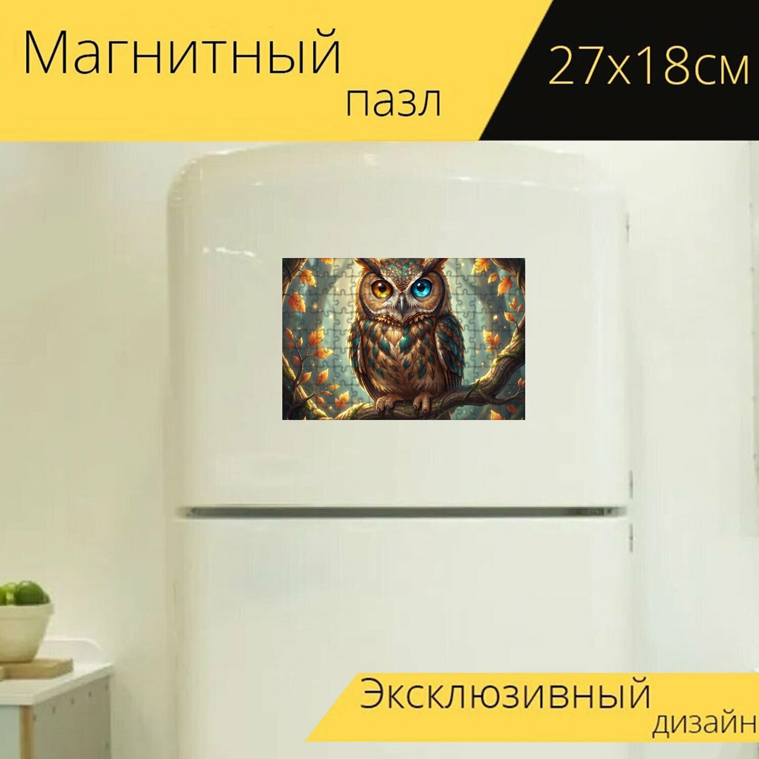 Магнитный пазл "Сова с разными глазами в лесу. Фантазийная ночная птица с янтарным и голубым взглядом сидит на ветке среди осенней листвы. Мягкое." на холодильник 27 x 18 см.