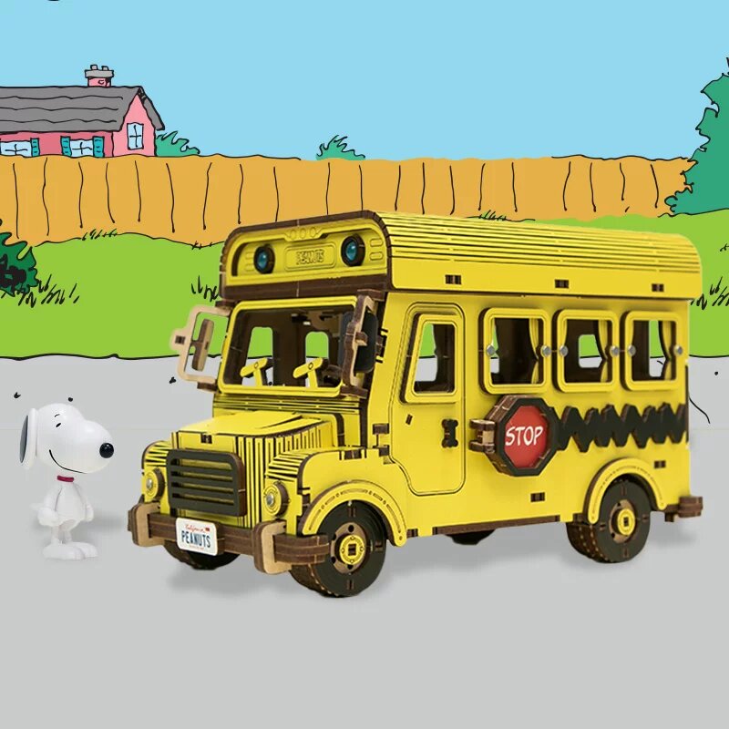 Сноупи Желтый Школьный Автобус Деревянная Сборная Модель 3D Конструктор Игрушка Подарок для Детей