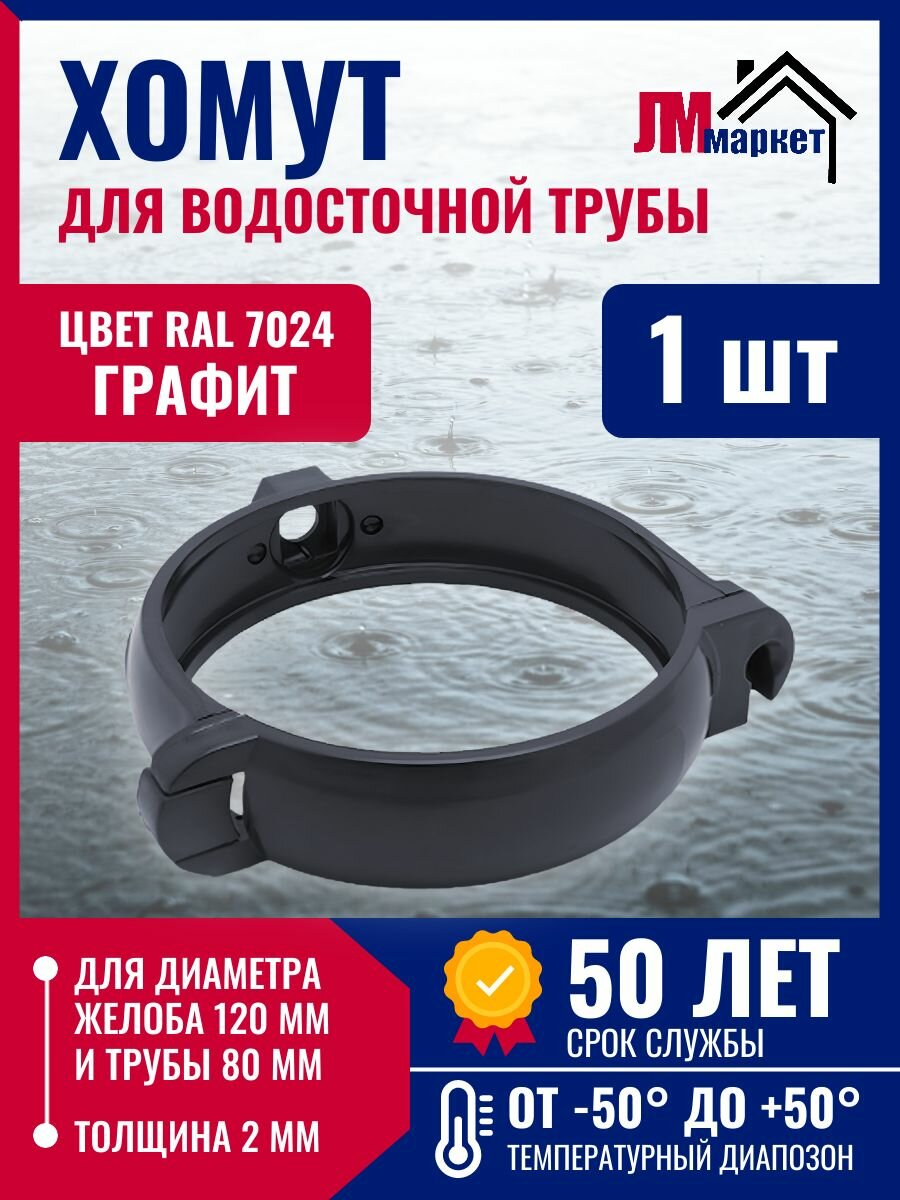 Хомут универсальный графит, 1 шт, крепление элементов водосточной системы на фасаде здания