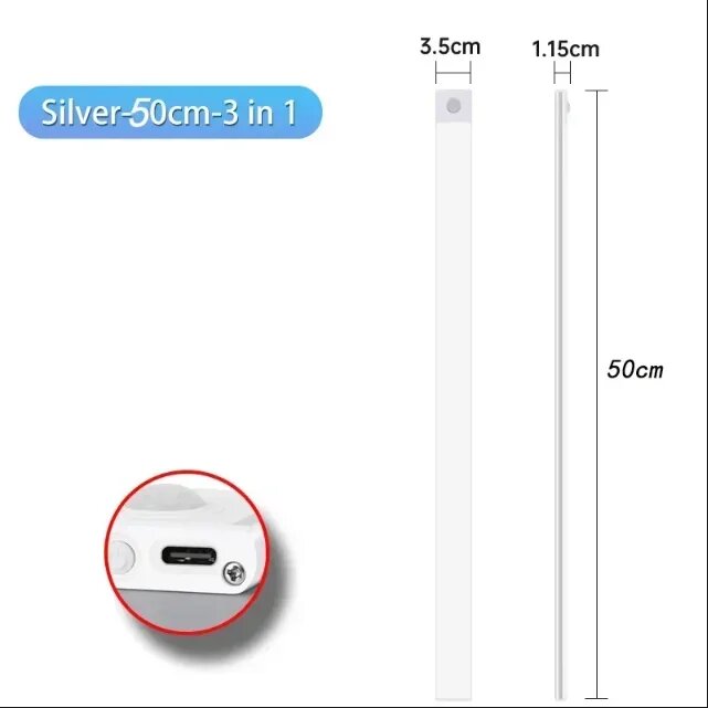 LED датчик движения LINYIRAOM для подсветки шкафа Белый, Silver-50cm-3 in 1