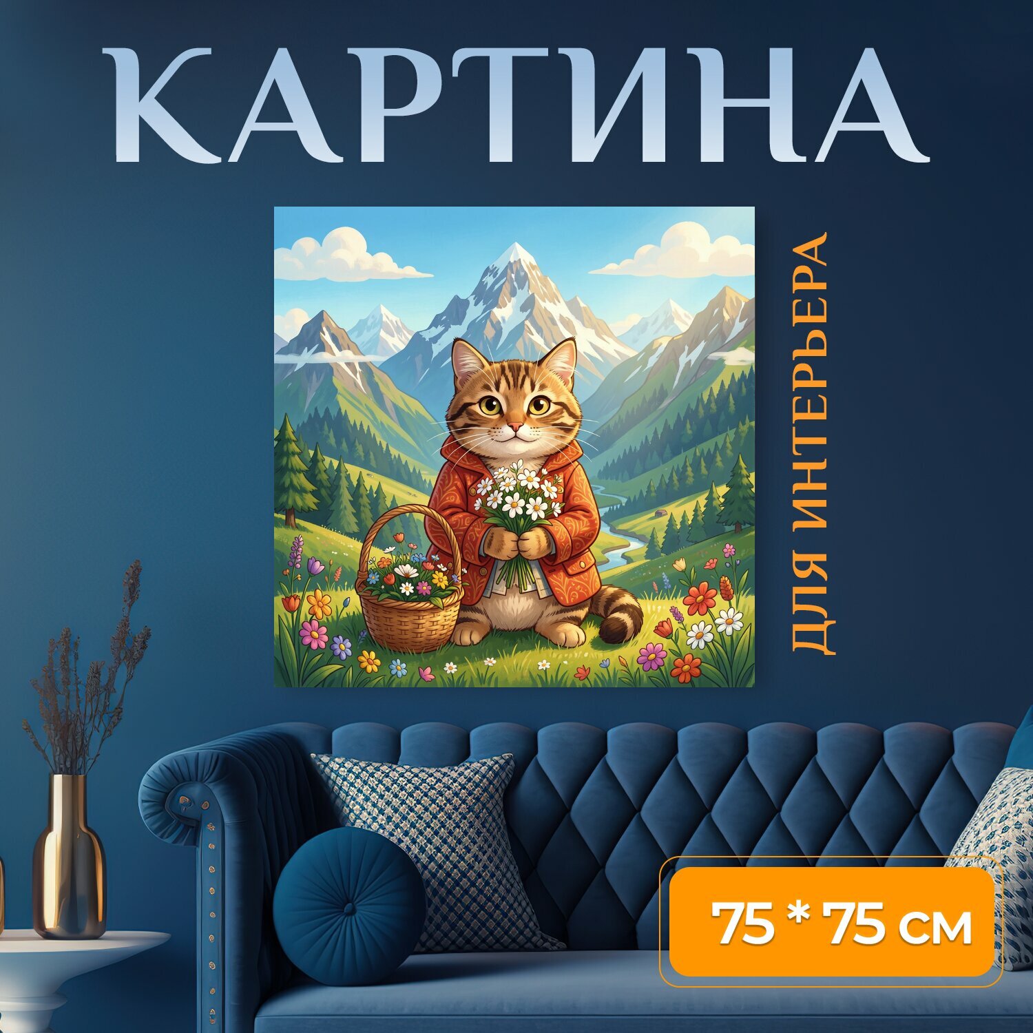 Картина на холсте "Кот с букетом в горах. Милый полосатый питомец в красной вышитой одежде держит полевые цветы на фоне альпийской долины." на подрамнике 75х75 см. для интерьера
