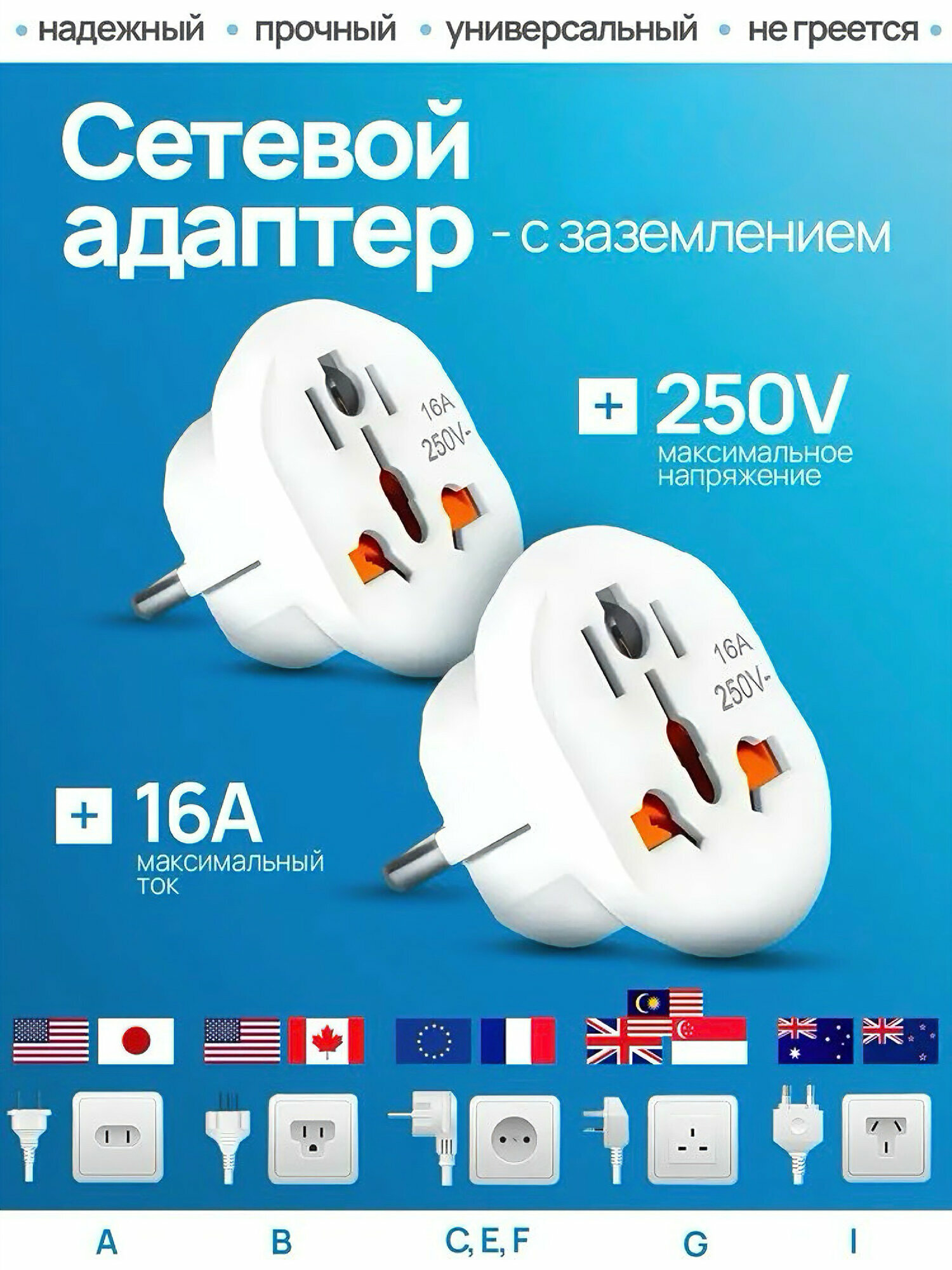 Сетевой адаптер переходник с китайской вилки на российскую (универсальный) белый 1 шт.