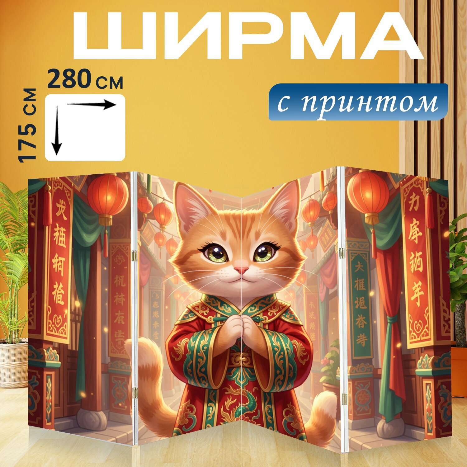 Ширма "Кот в восточном наряде. Милый рыжий котёнок в роскошном китайском костюме стоит на старинной улице с." перегородка для зонирования комнаты с принтом 280x175 см. на холсте
