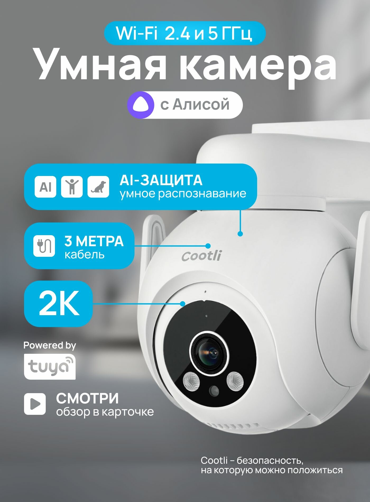 Камера видеонаблюдения WiFi уличная в 2К 5/2.4 ГГц, умная, с Яндекс Алисой (CI-OIWF218)