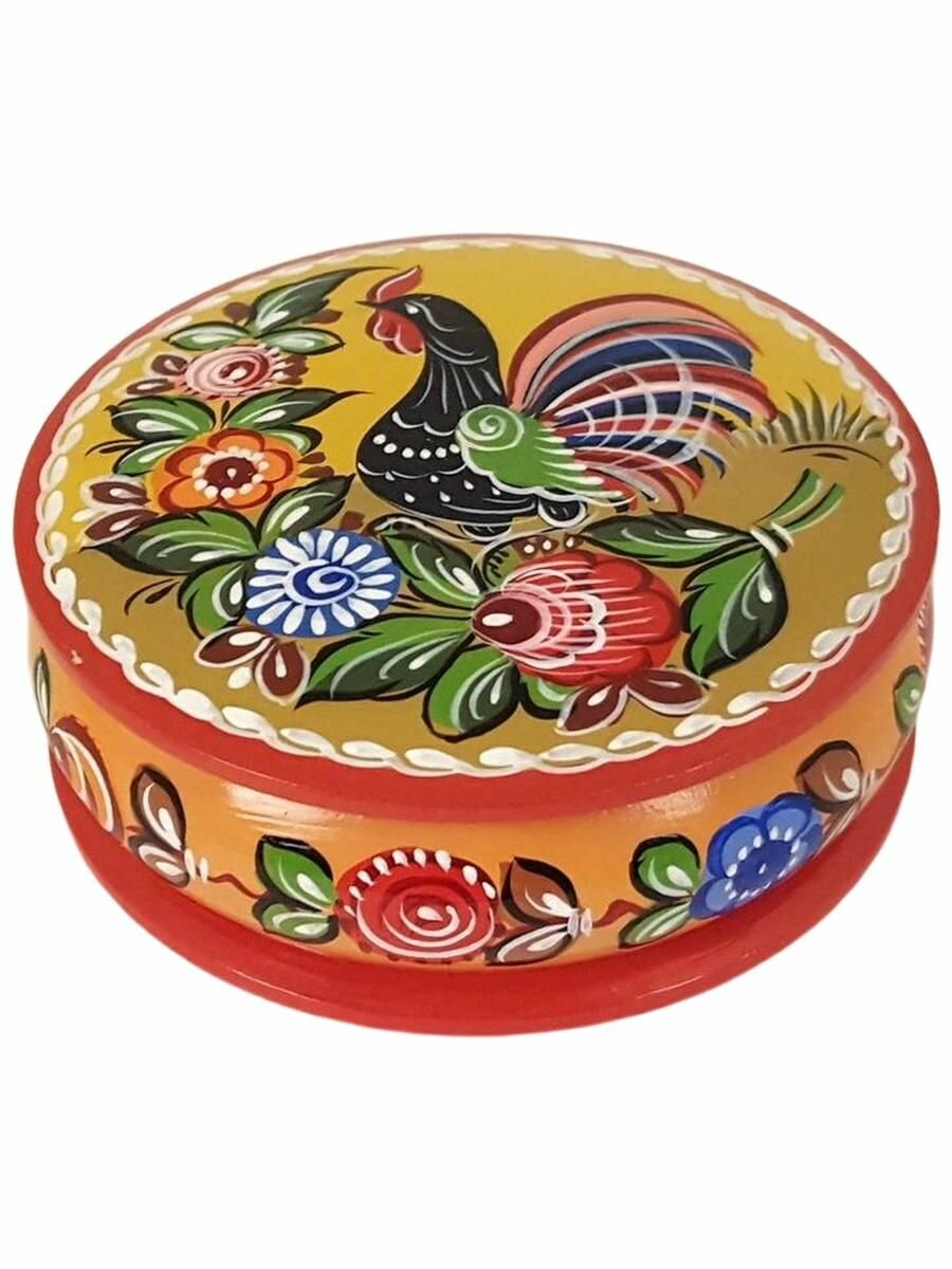 Шкатулка токарная 9х3 (Птичка), Городецкая роспись, ручная авторская работа