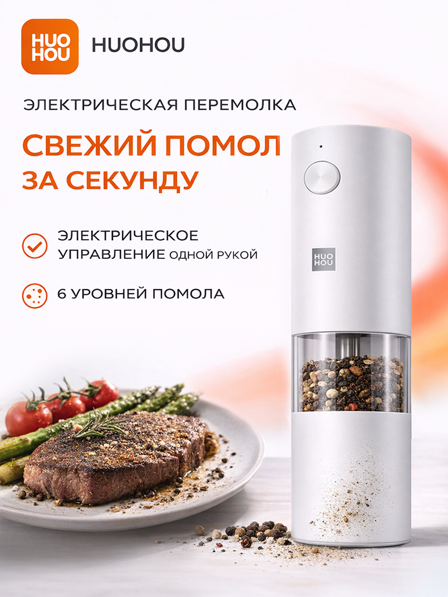 Электрическая мельница Xiaomi Huohou G20, керамические жернова, 6 уровней, портативная, белая