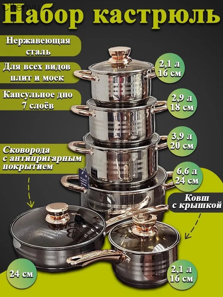 Кастрюля, Нержавеющая сталь, 2,9 л, 2,1 л, 3,9 л