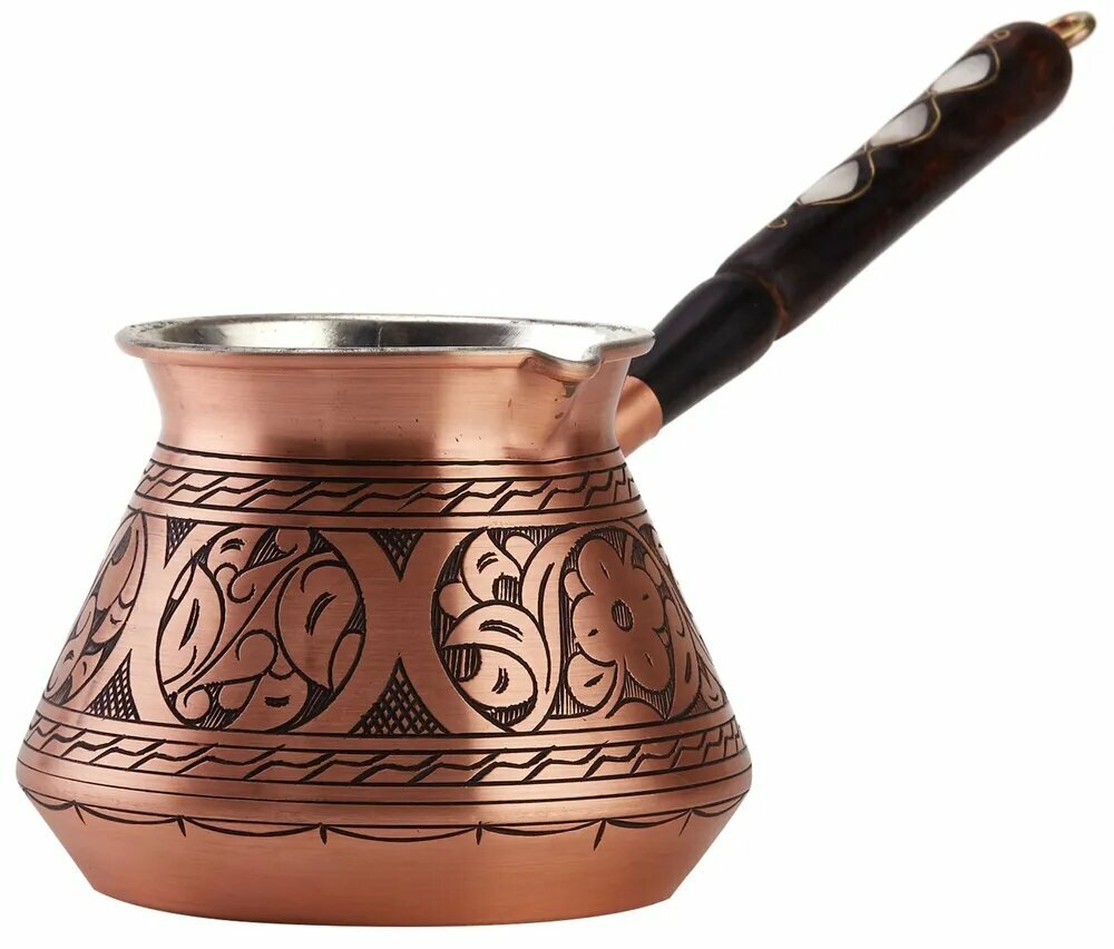 Demmex Турка "Кофейник DEMMEX из толстой меди для турецкого, греческого и арабского кофе, для плиты, джезва / ибрик / брики, с деревянной ручкой и ложкой, ручная работа и гравировка (Матовая медь)", 450 мл, 1 шт