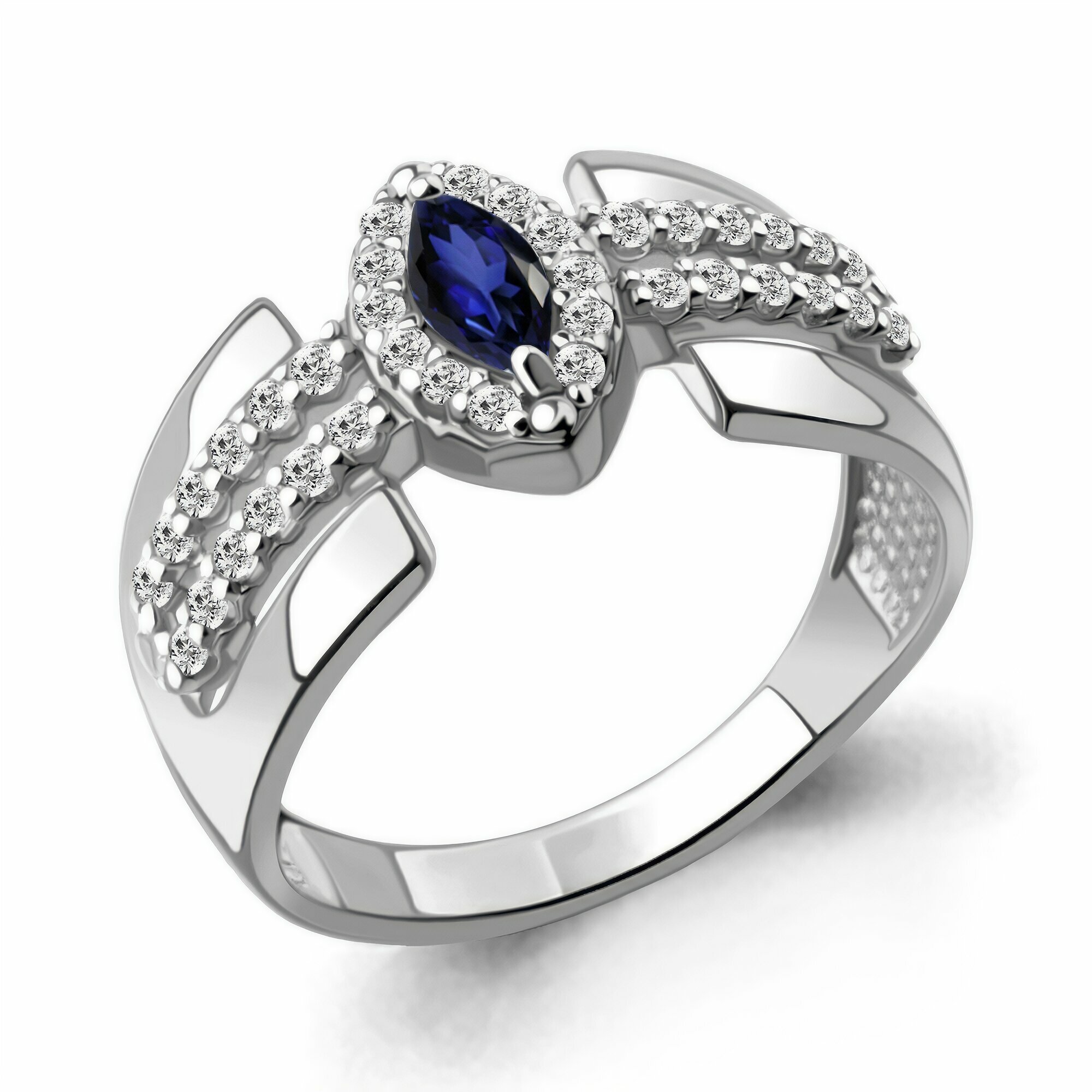 Кольцо, серебро, 925 проба, родирование, сапфир синтетический, фианит