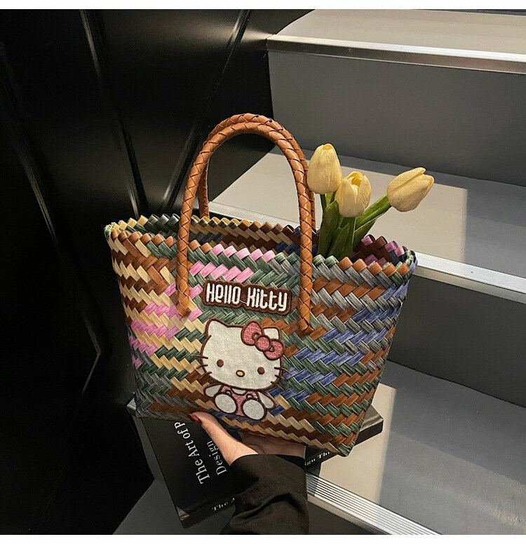 Корзина - Мешок из ротанга для организации и хранения вещей Вышивка Hello Kitty
