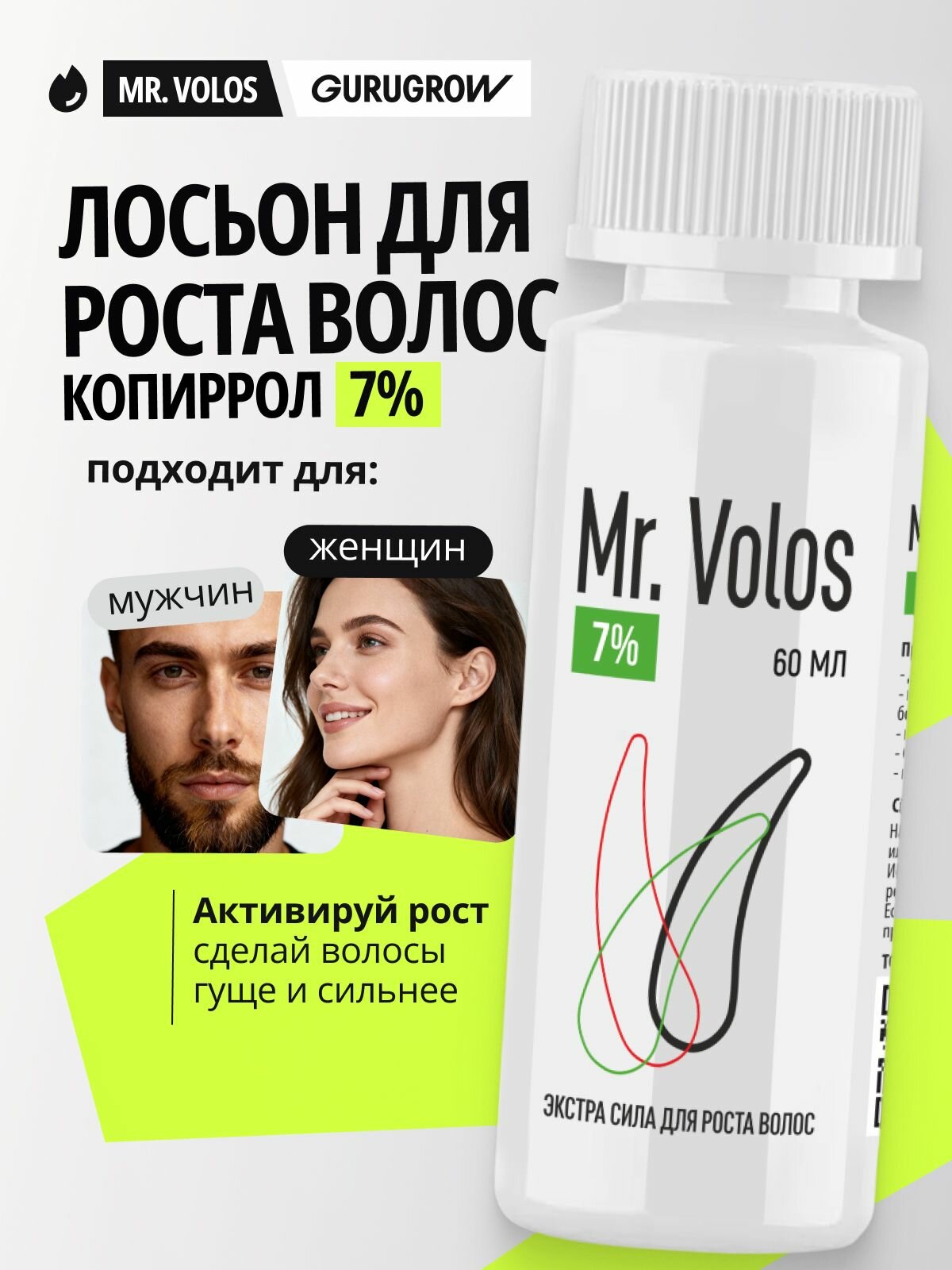 Лосьон для роста бороды и волос, От выпадения 7%, 1 флакон