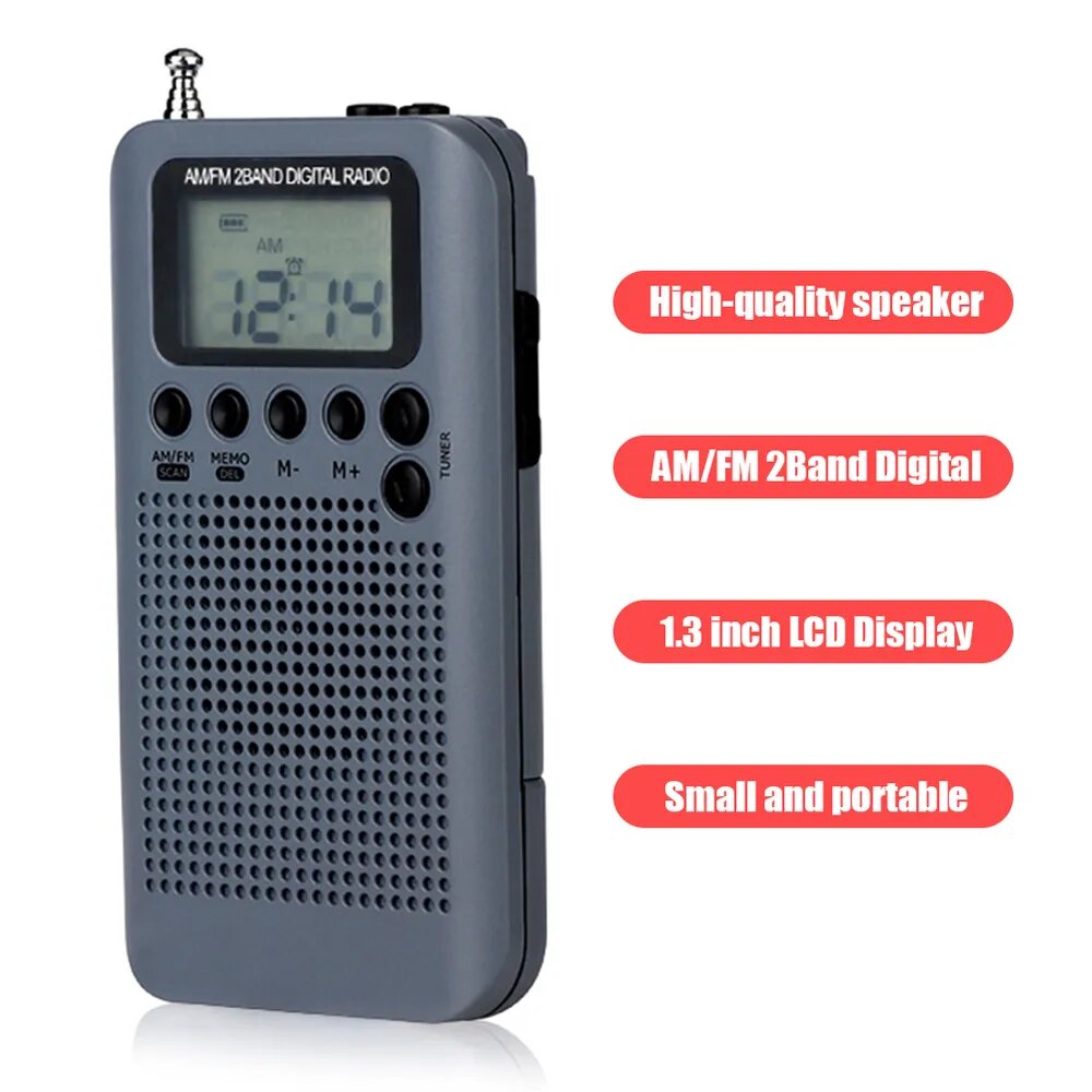Радиоприёмник HRD-104 AM/FM, цифровой дисплей, карманный, серый