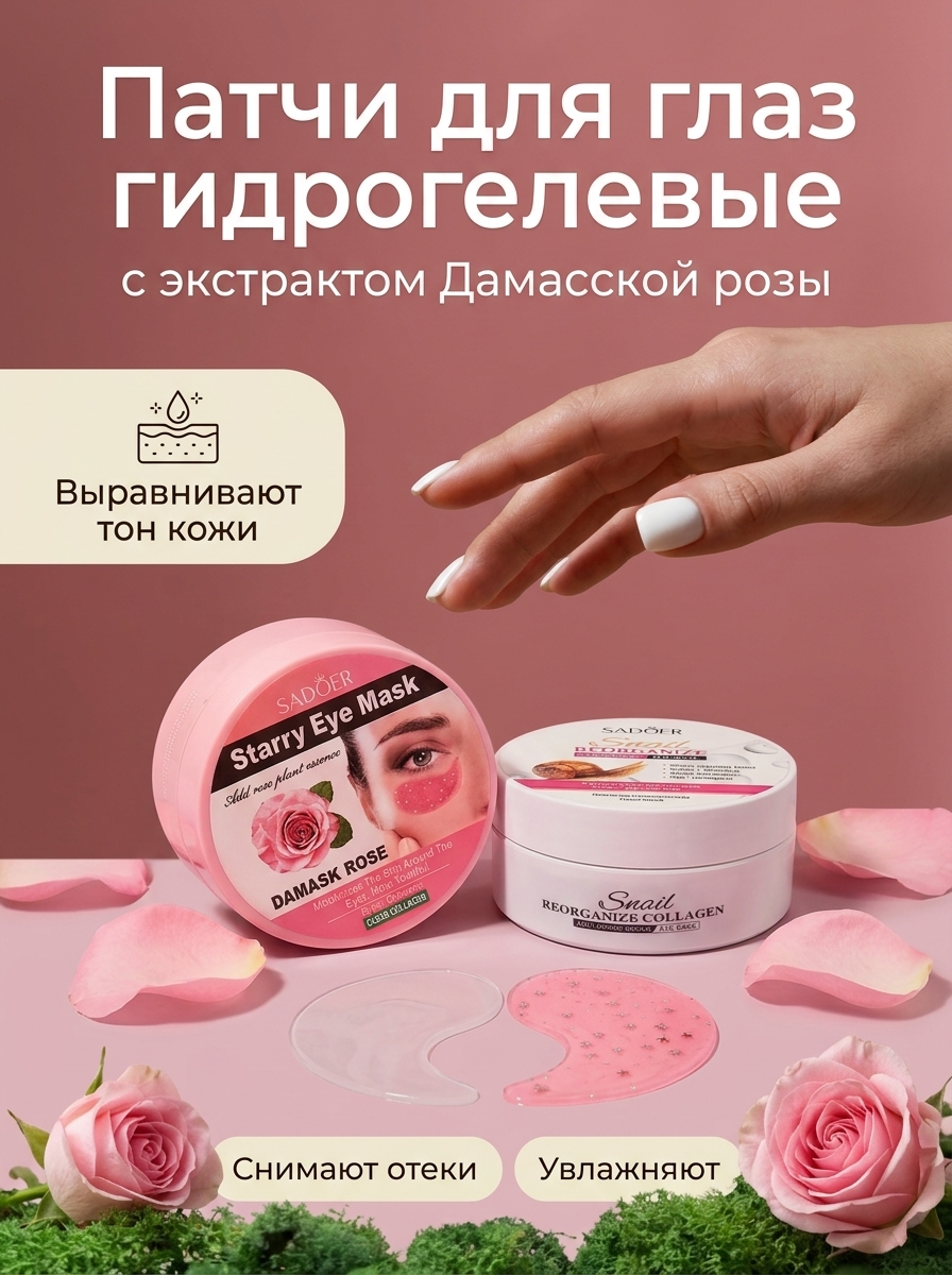 Sadoer. Патчи для глаз гидрогелевые с экстрактом Дамасской розы, 30 пар