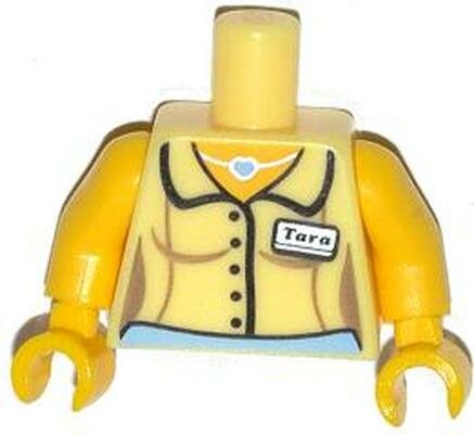 Деталь Lego 973pb1506c01 Torso Female Blouse with 'Tara' Name Tag and Heart Necklace Pattern / Yellow Arms / Yellow Hands