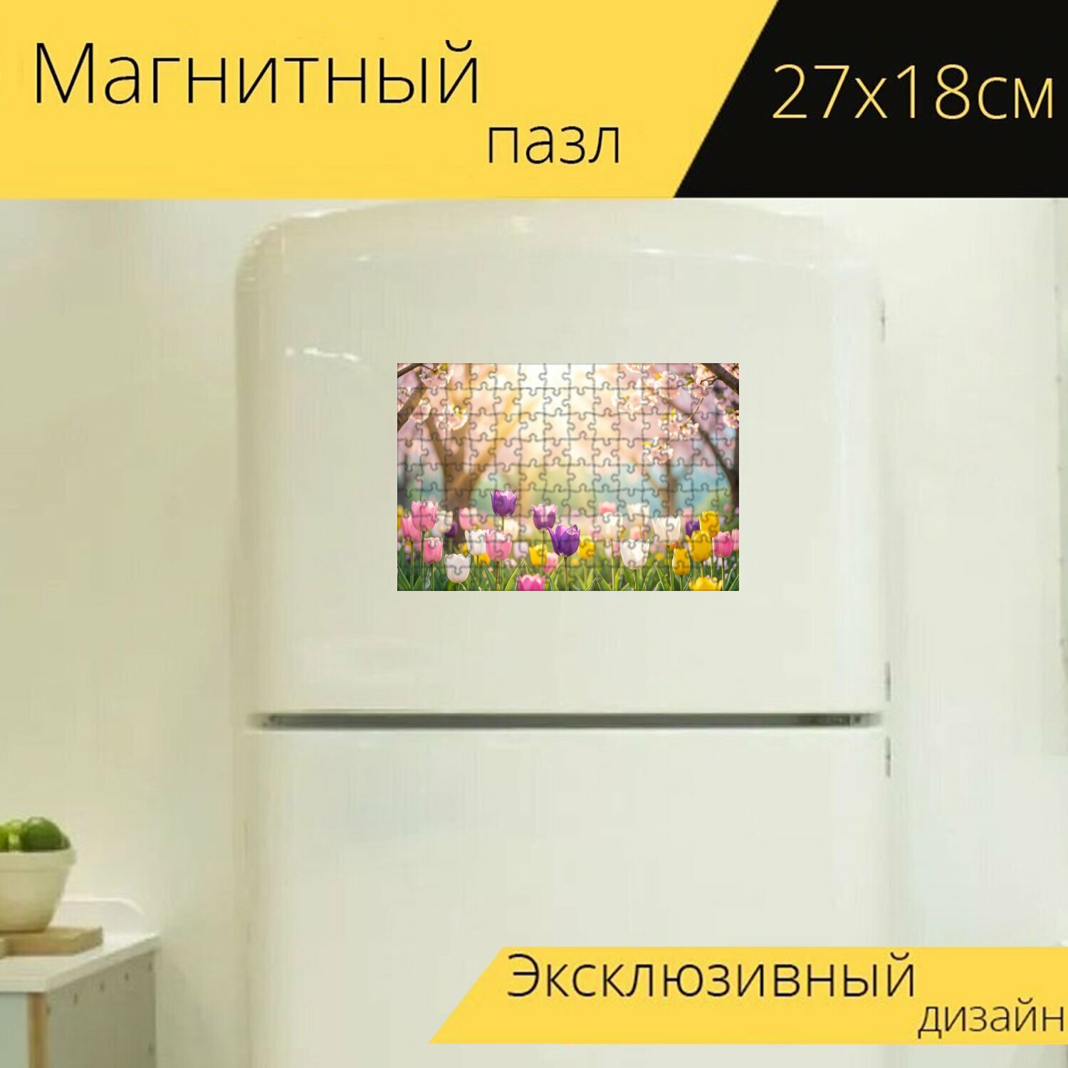 Магнитный пазл "Весенний сад с тюльпанами. Цветущая сакура и яркие бутоны в солнечных лучах, нежная пастель, розовые, белые, жёлтые, сиреневые оттенки." на холодильник 27 x 18 см.