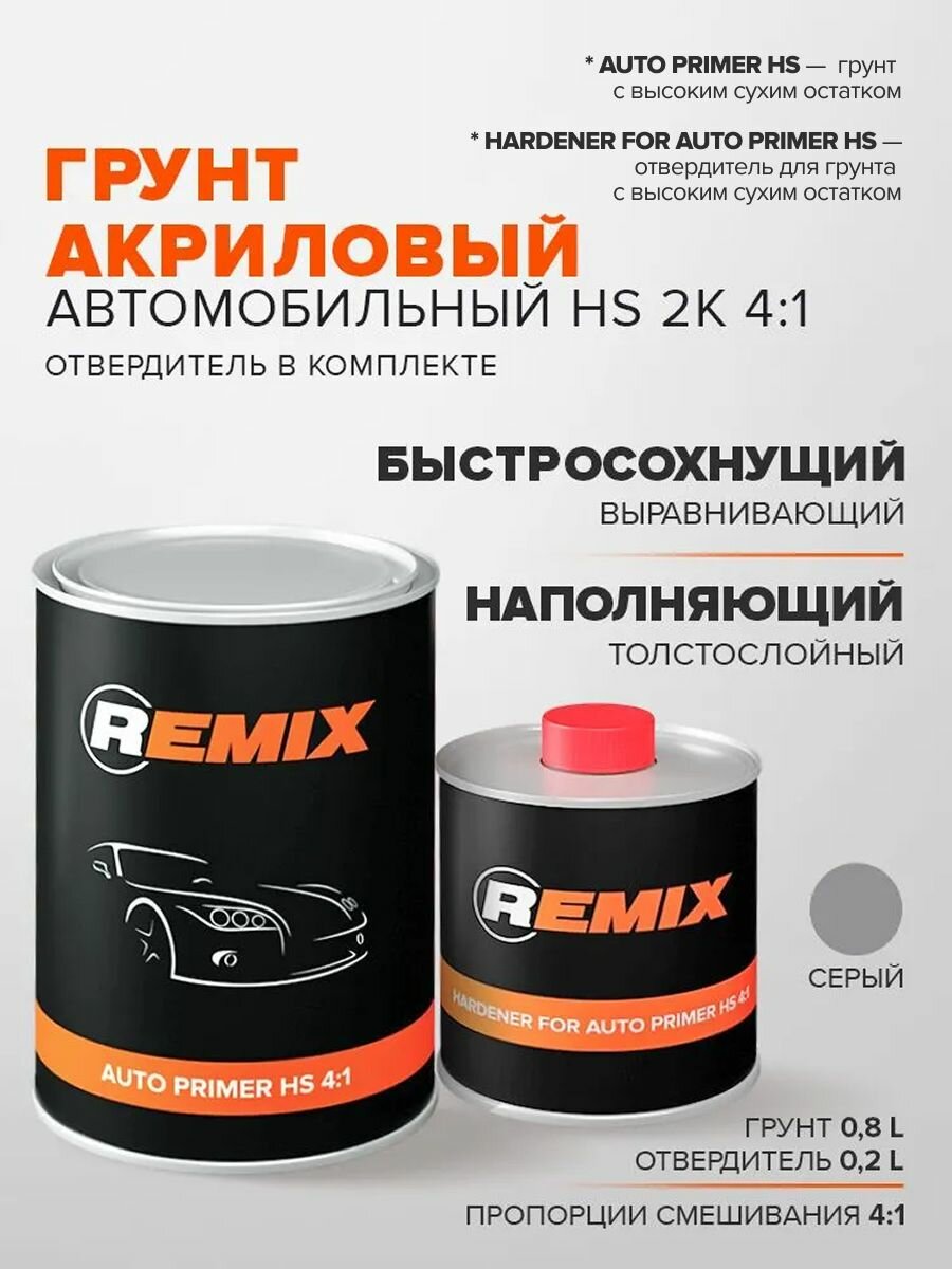Грунтовка для автомобиля 2к 4+1 серая 0,8 л + 0,2 л отвердитель, акриловая выравнивающая, заполняющая, толстостойная / REMIX / грунт автомобильный двухкомпонентный для ремонта кузова