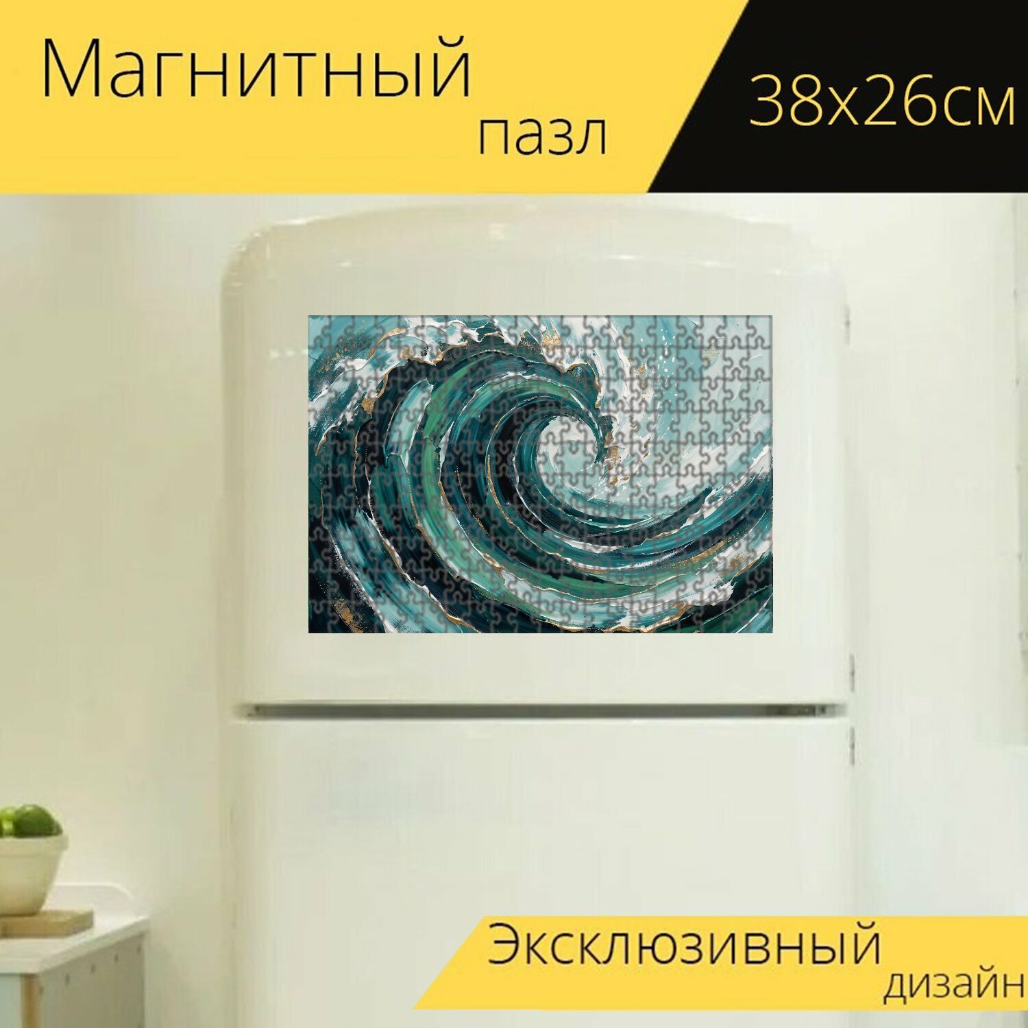 Магнитный пазл "Абстрактная морская волна спиралью. Динамичная бирюзово-изумрудная стихия в технике акриловой живописи с текстурными мазками, белой пеной и." для интерьера, 38х26 см.