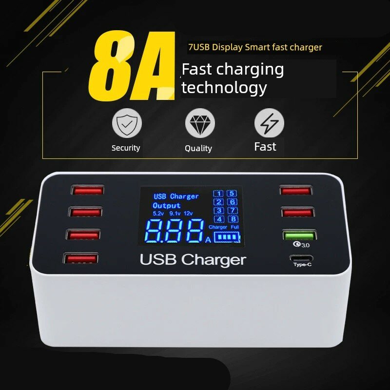 8-портовый USB-адаптер с дисплеем, 6 USB портов + 1 QC3.0, совместимый с быстрой зарядкой