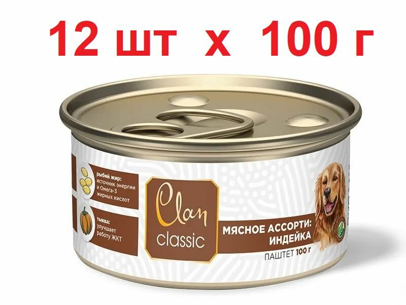 Clan CLASSIC паштет для собак Мясное ассорти с индейкой, 100г х 12 шт