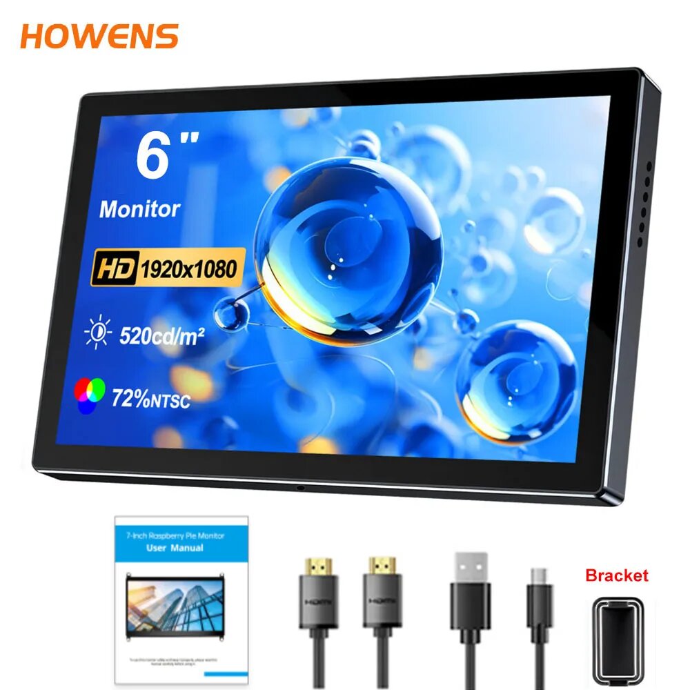Howens 6" IPS монитор 1920x1080, 520cd/m², 72%NTSC, EU Plug