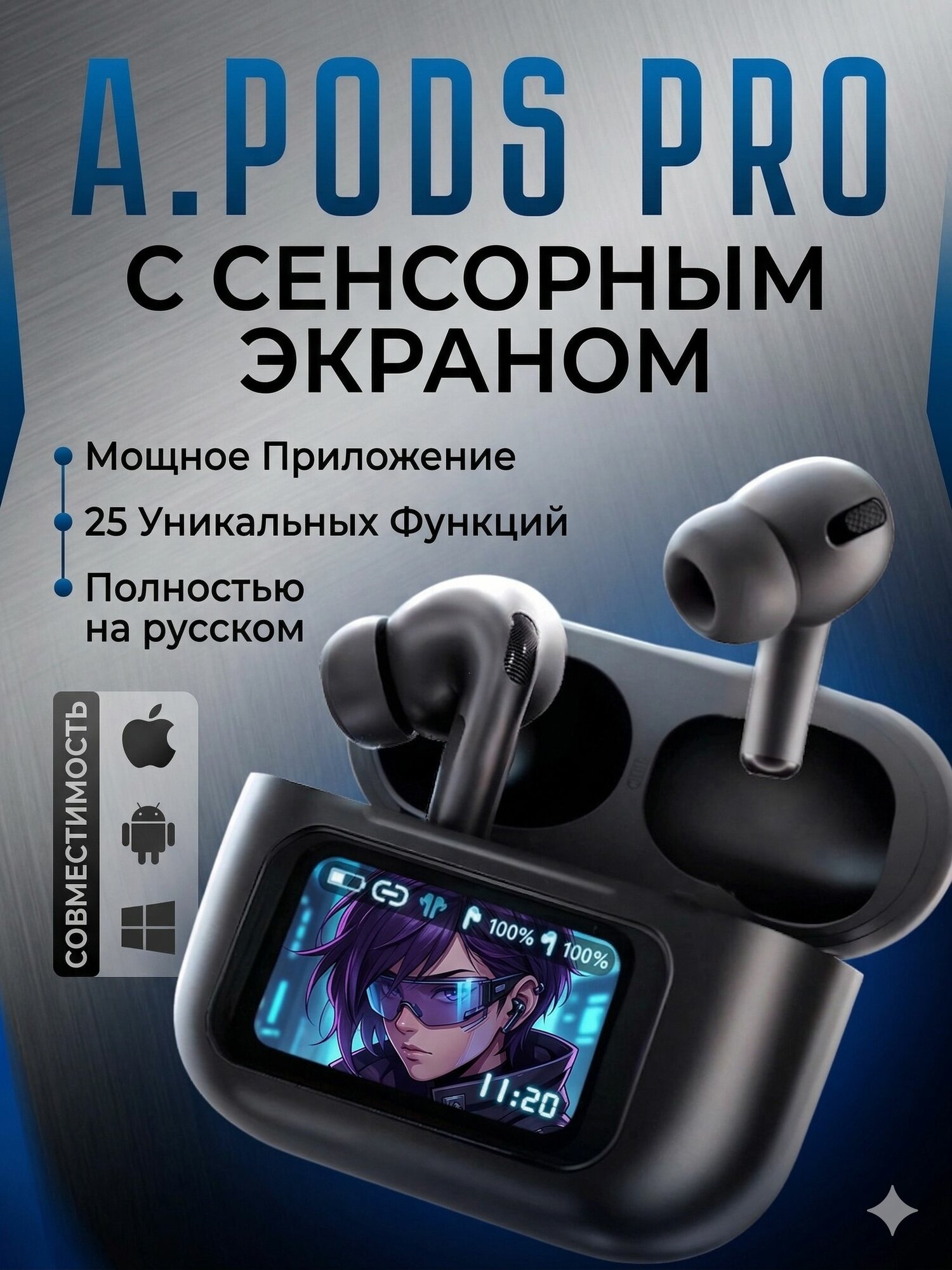Наушники беспроводные с экраном Pods pro для телефона черные