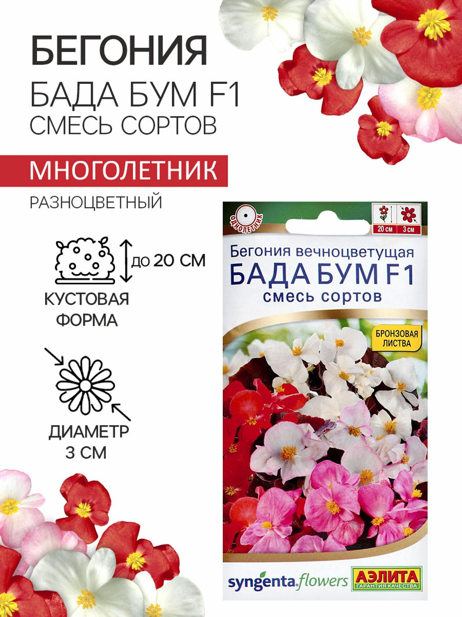 Семена цветов Бегония "Бада бум", F1, смесь сортов 5 шт, "Аэлита", 2 шт.