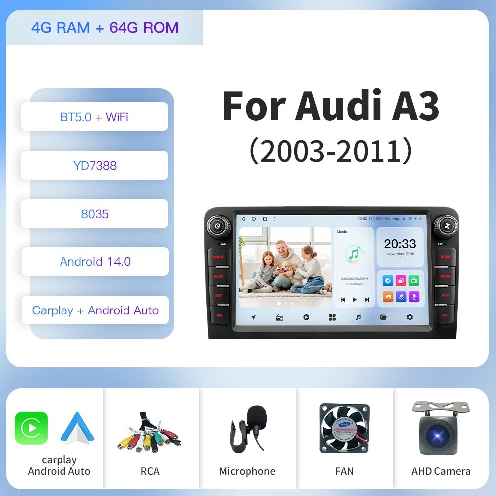 Автомобильное мультимедийное радио Android 14 2din для Audi A3 8P 2003-2011 S3 8P 33326 4 64 AHD