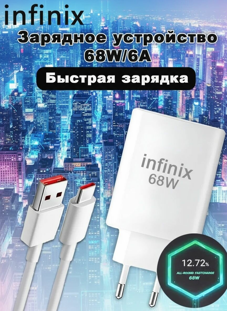Сетевое зарядное устройство для Infinix 68W с USB входом /Быстрая зарядка для Infinix