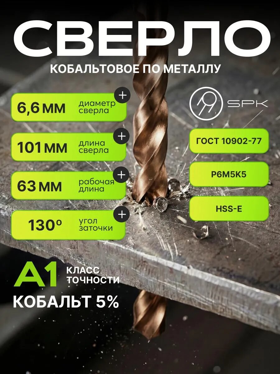 Сверло по металлу SPK, кобальтовое, твердосплавное, цилиндрический хвостовик, 6,6 мм
