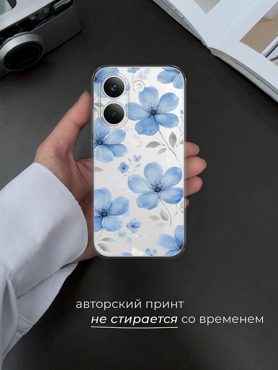 Чехол на Poco X8 Pro / Поко X8 Про с принтом Акварельные голубые цветочки, прозрачный — фото 1