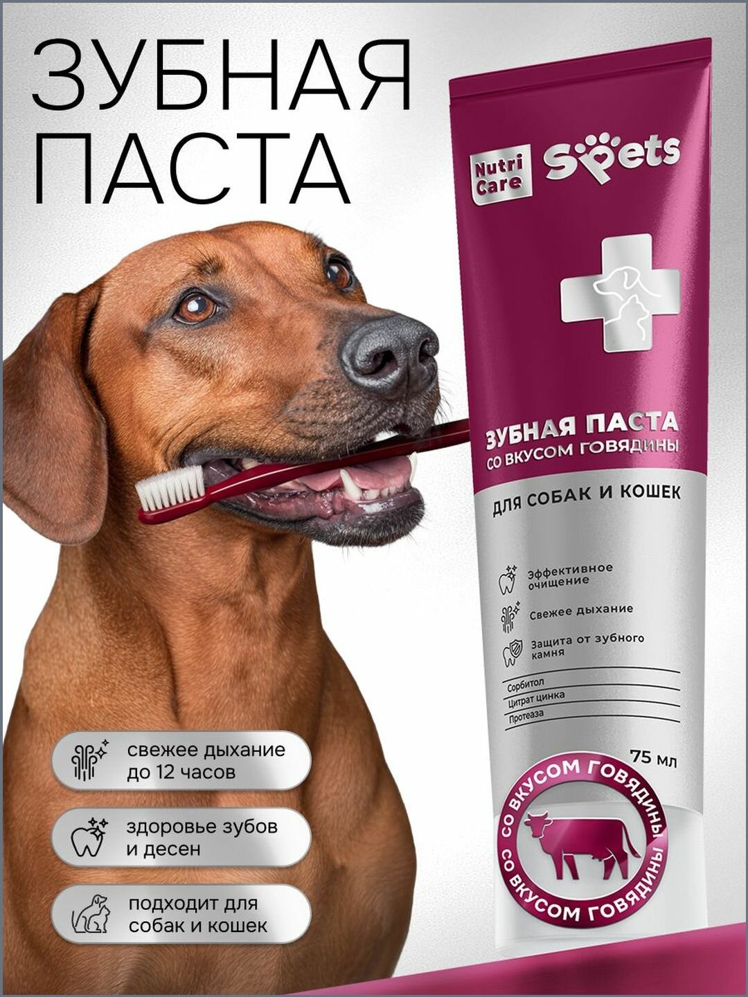Эксклюзивная паста для чистки зубов кошек и собак со вкусом говядины, 75 мл, против запаха и камня Spets