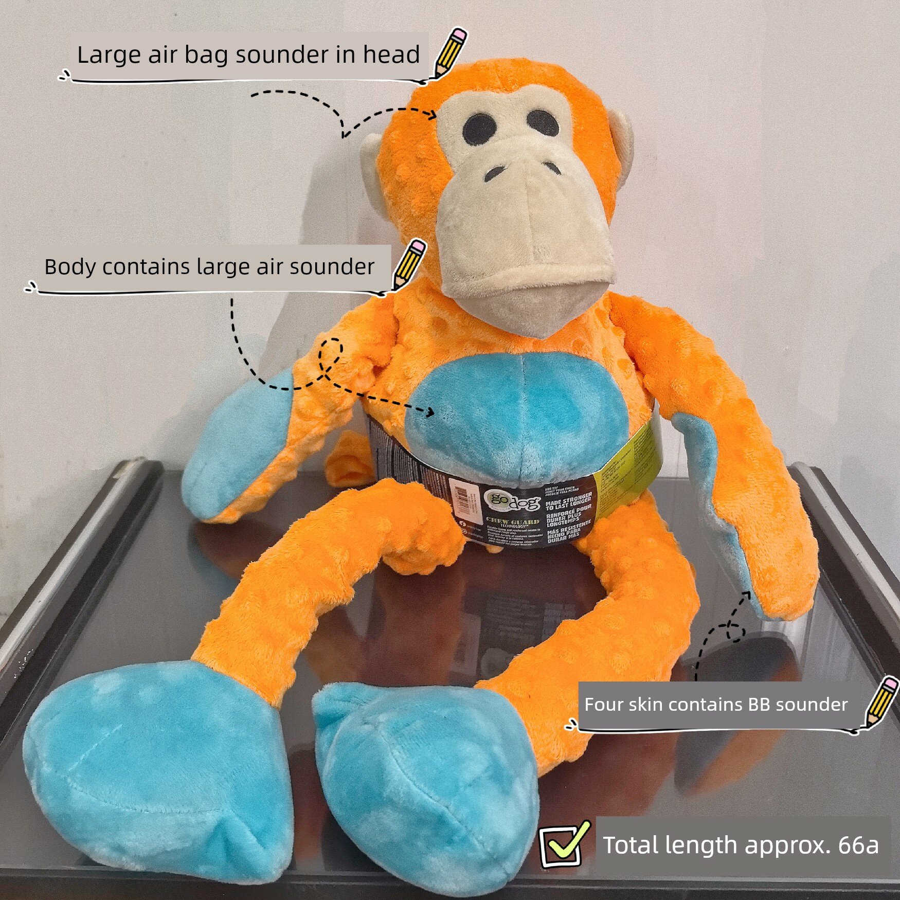 Godog Огромный Оранжевый Обезьяна Игрушка для Собак С звуком 66 см Прочная Кусаемая 100 characters