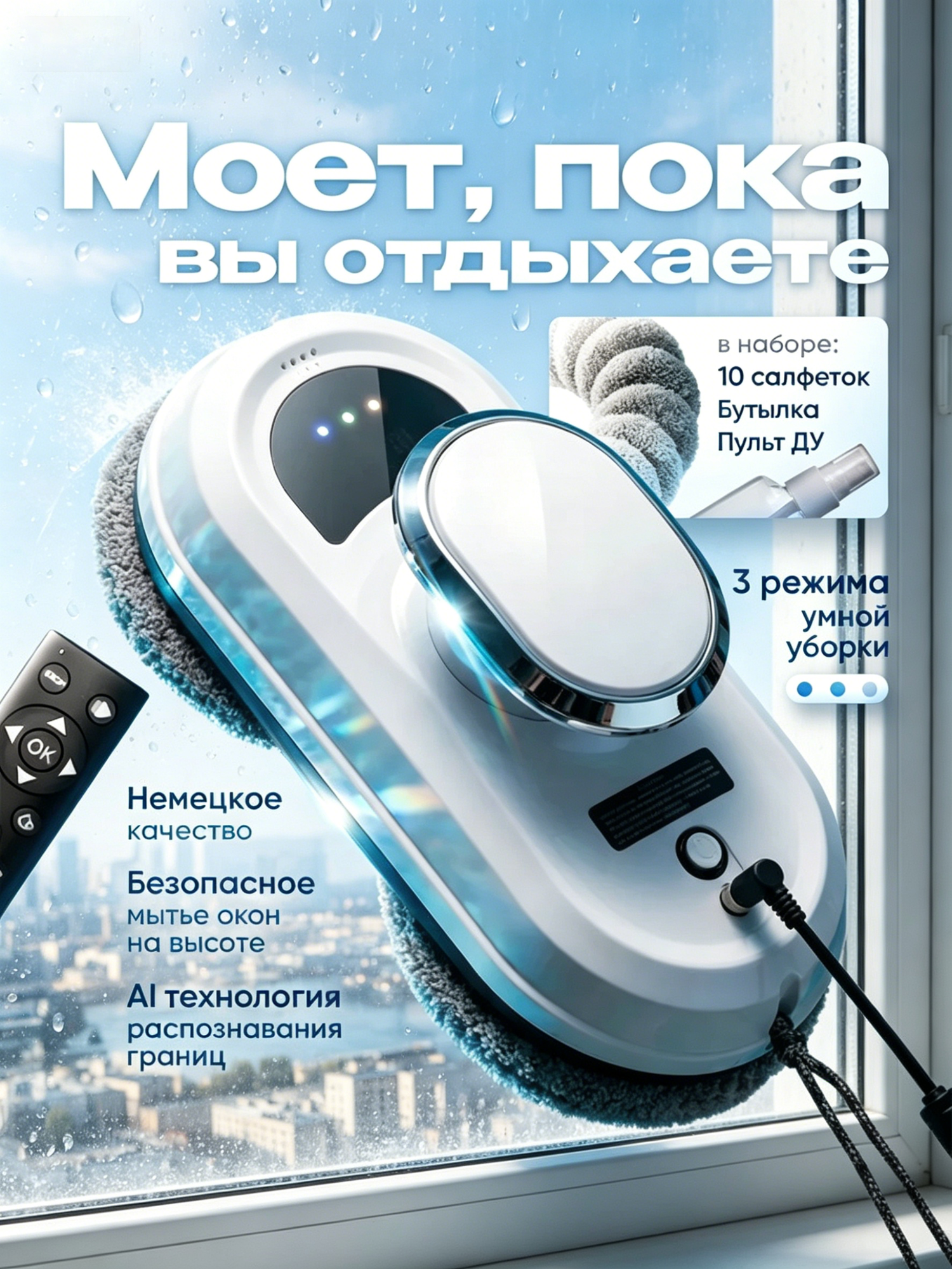 Робот стеклоочиститель автоматический, быстрая мойка окон, дистанционное управление, многорежимный