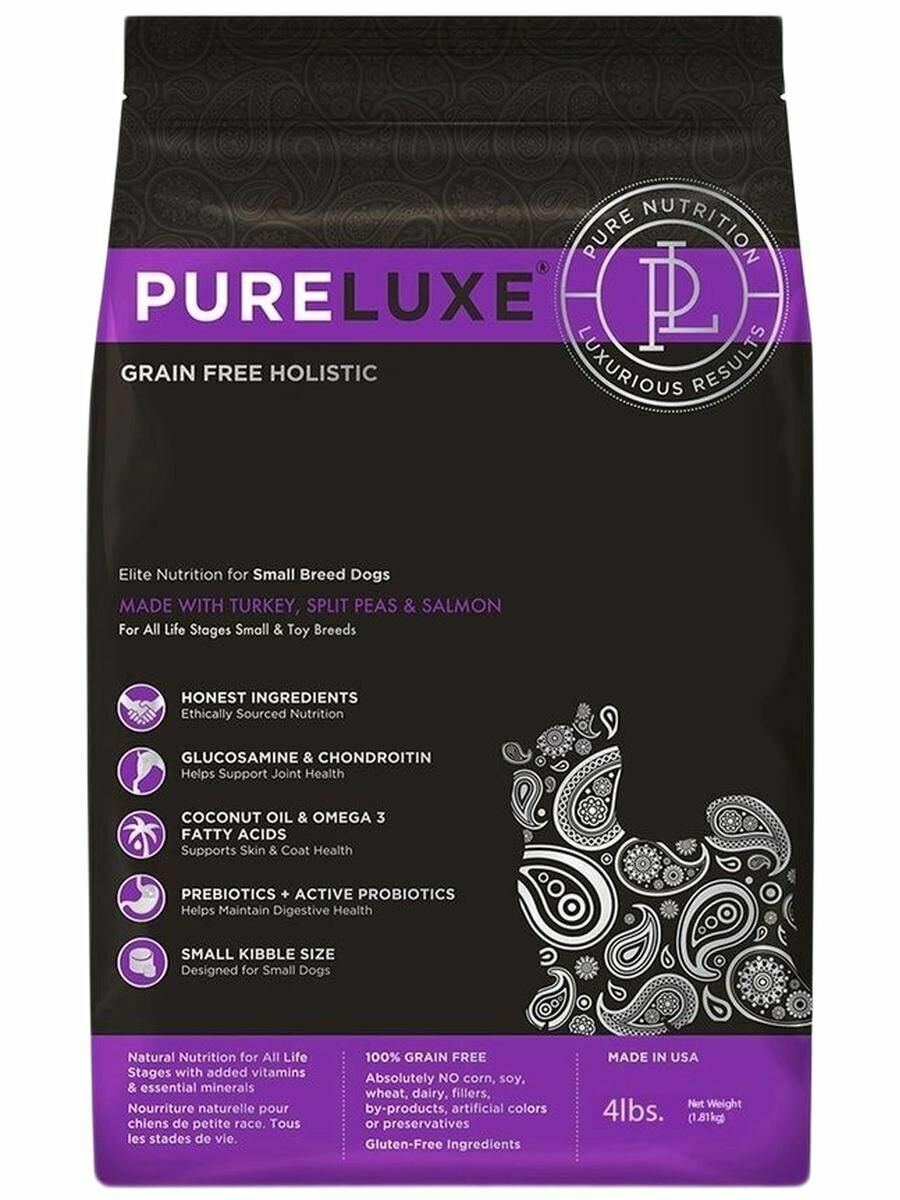 Сухой беззерновой корм PureLuxe Пурлюкс для собак мелких пород с индейкой, горошком и лососем 1,81 кг