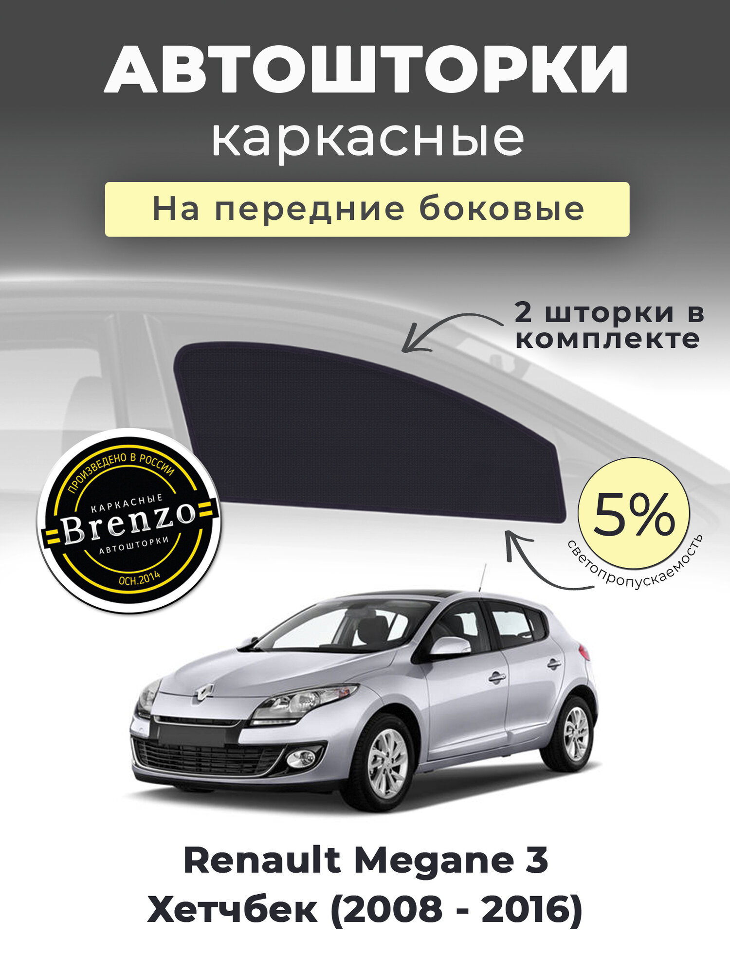 Каркасные шторки Renault Megane 3 Хетчбек 5дв. (2008 - 2016) на передние двери 5%, сетки от солнца в машину