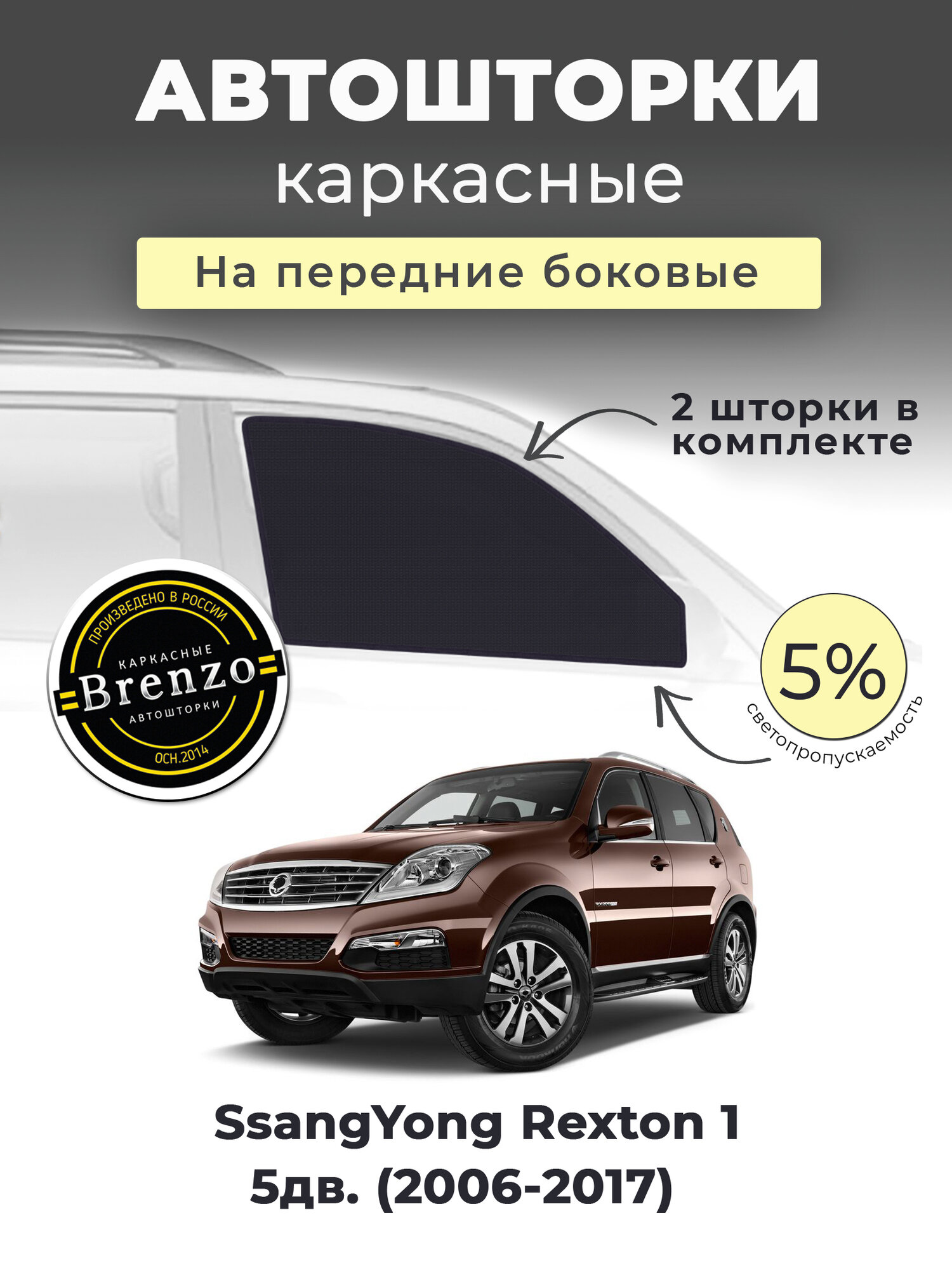 Каркасные шторки SsangYong Rexton 1 5дв. (2006-2017) на передние двери 5%, сетки от солнца в машину