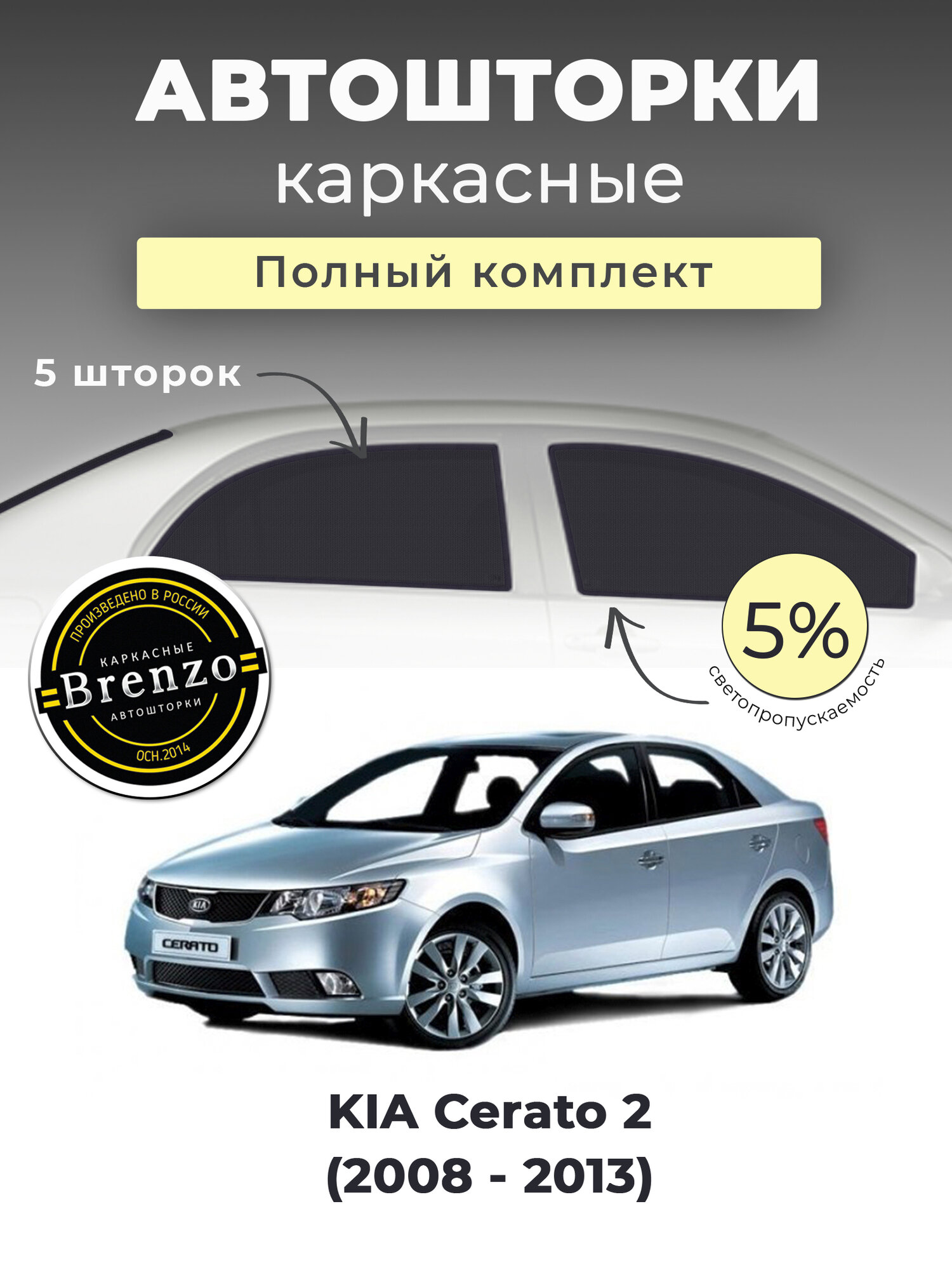Каркасные шторки KIA Cerato 2 (2008 - 2013) полный комплект 5%, сетки от солнца в машину