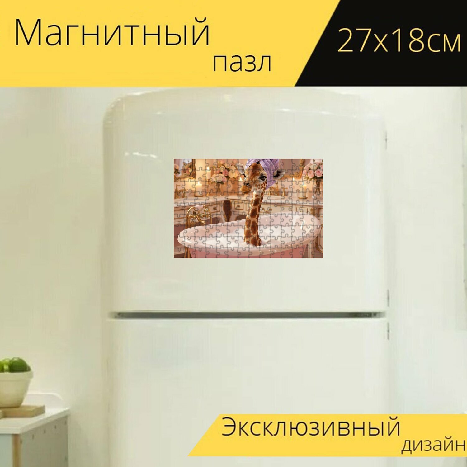 Магнитный пазл "Жираф в розовой ванной. Милый фантазийный интерьер в пастельных тонах: жираф с полотенцем на голове нежится в пене, вокруг свечи, цветы и." на холодильник 27 x 18 см.