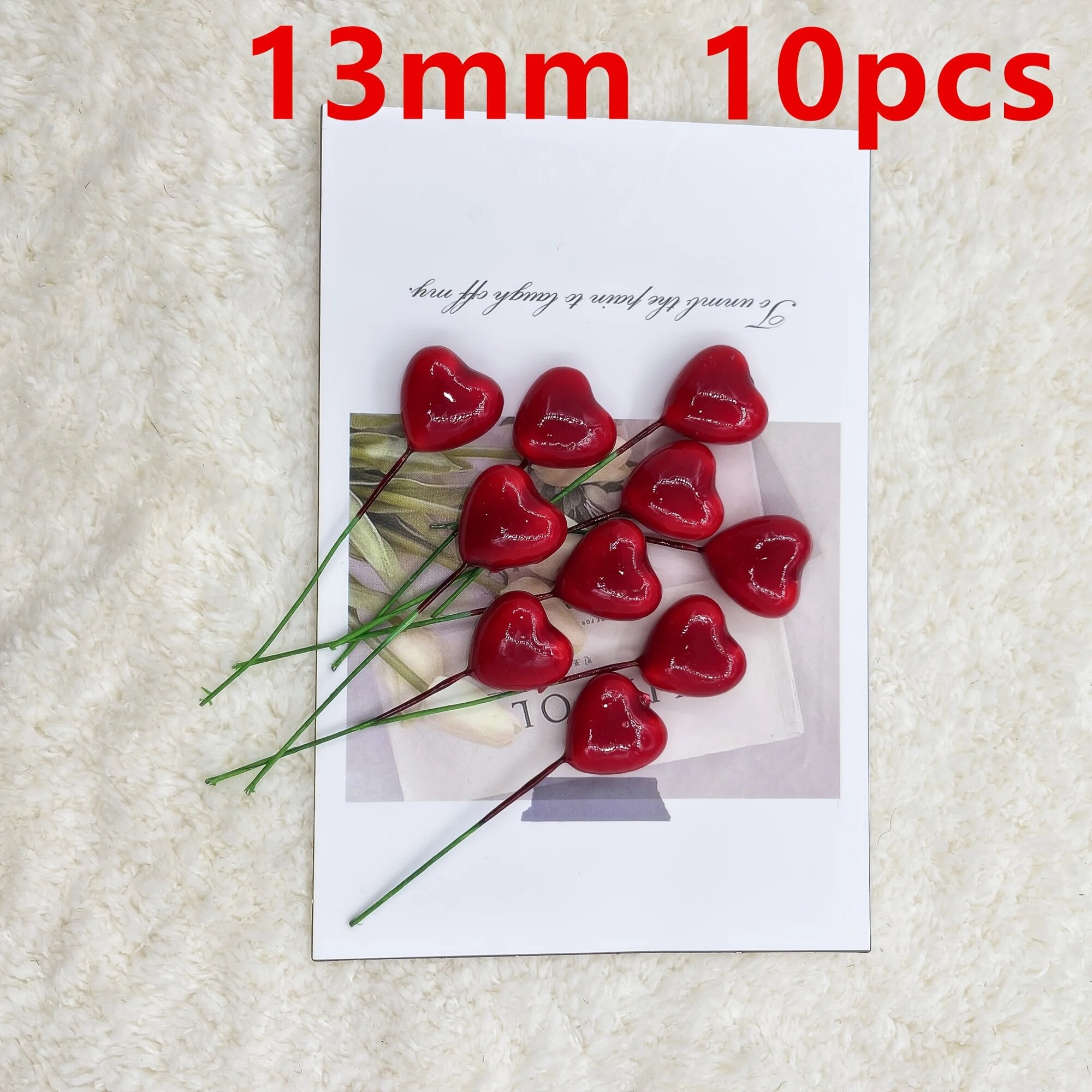 Красные искусственные сердца на стебельках, 13mm, 10шт