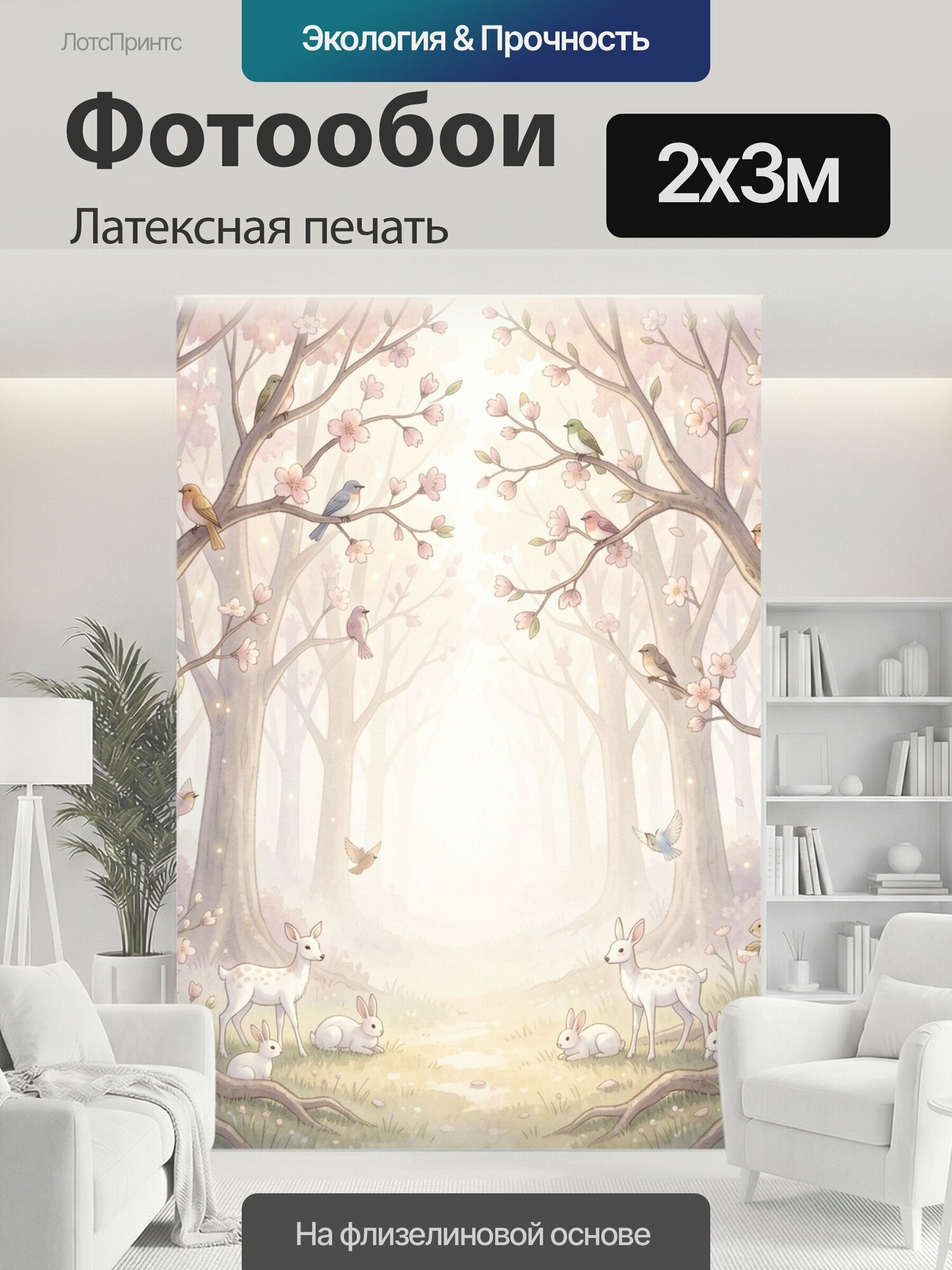 Фотообои моющиеся ударопрочные "Весенний лес с птицами и оленятами. Нежная сказочная лесная сцена в пастельных розово-бежевых тонах: цветущие." 200x300 см. латексная печать