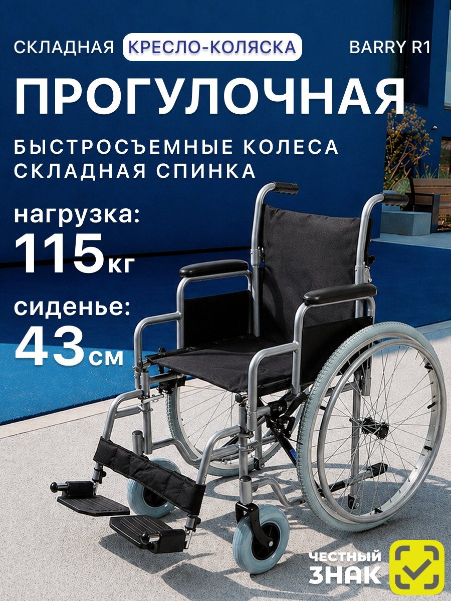 Кресло-коляска инвалидная Barry R1 с быстросъемными колесами ширина сиденья 43 см